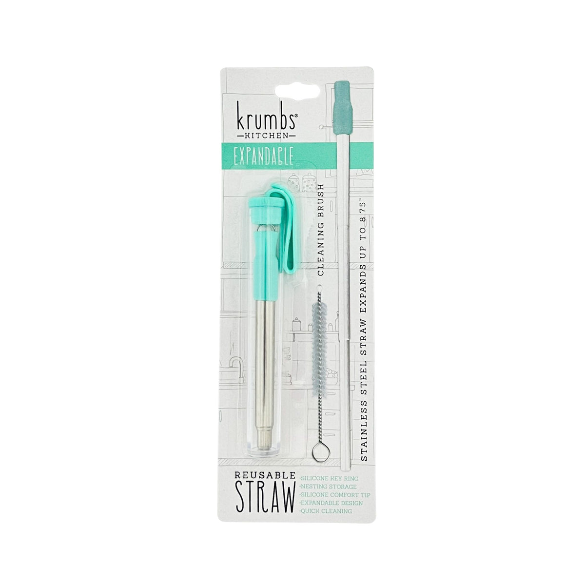 Krumbs Kitchen Reusable Expandable Steel Straw Set with Cleaning Brush